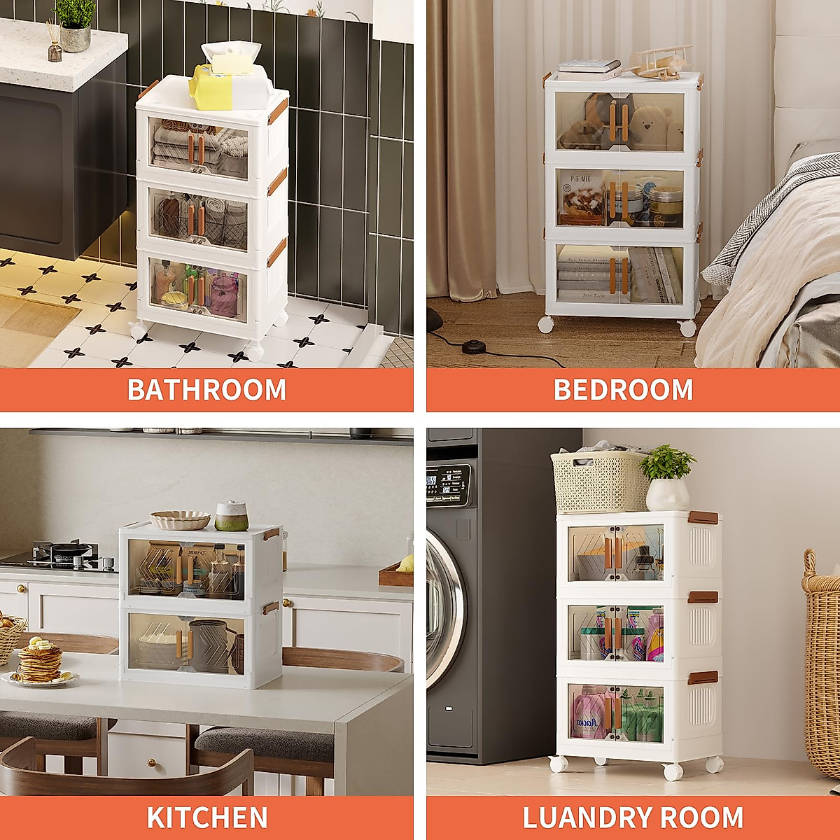 Fixwal 23QT Stackable Storage Bins, Plastic Drawer Storage, Foldable Closet Organizers and Storage with Shelves and Lockable Wheels, Box Cabinet Containers for Toy Organization, Bedroom, 3 PACK Cubes