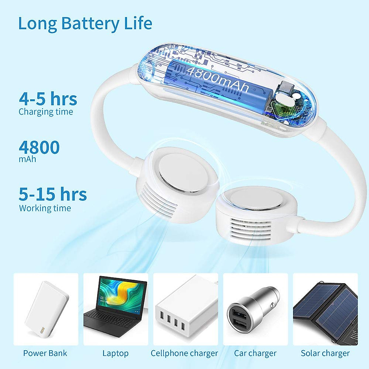 AVWOO Portable Neck Fan Hand Free Personal Hanging Neck Fan with 4800mAh Rechargeable Battery, 3 Speeds Adjustable, 360° Cooling, No Hair Twisting, Perfect for Sports, Travel, and Outdoor