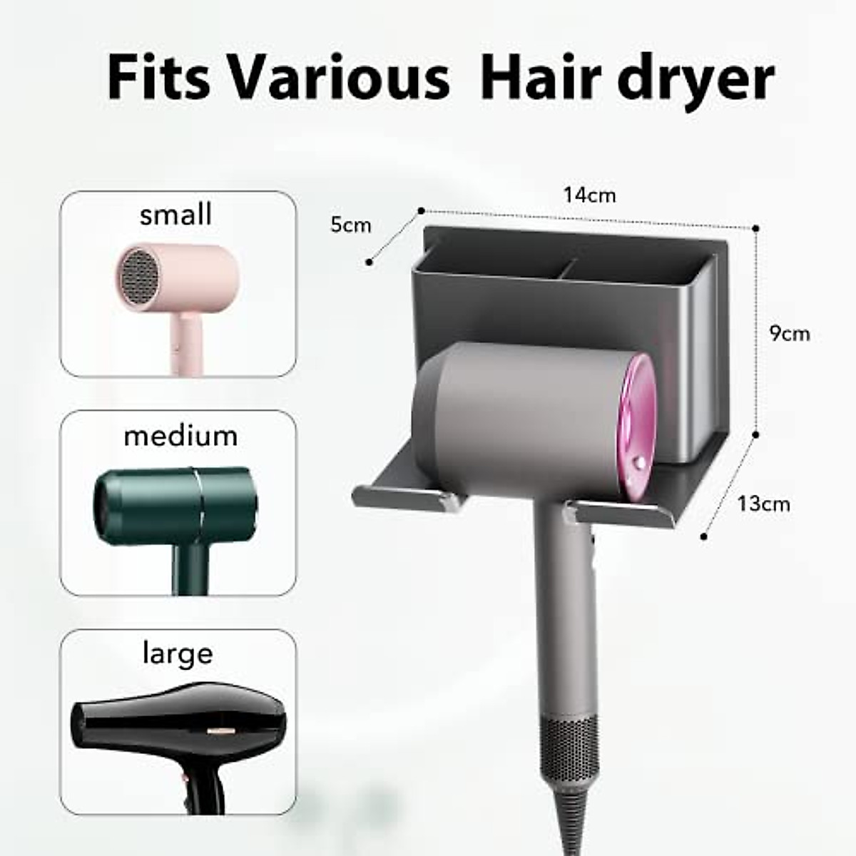 susswiff Hair Dryer Holder, with Caddy and Plug Hook, Metal Blow Dryer Holder Wall Mount, Self-Adhesive Extra Sticky, Hair Rack for Hair Care Product, Small Straightener Curling Iron Hot Tool, Grey