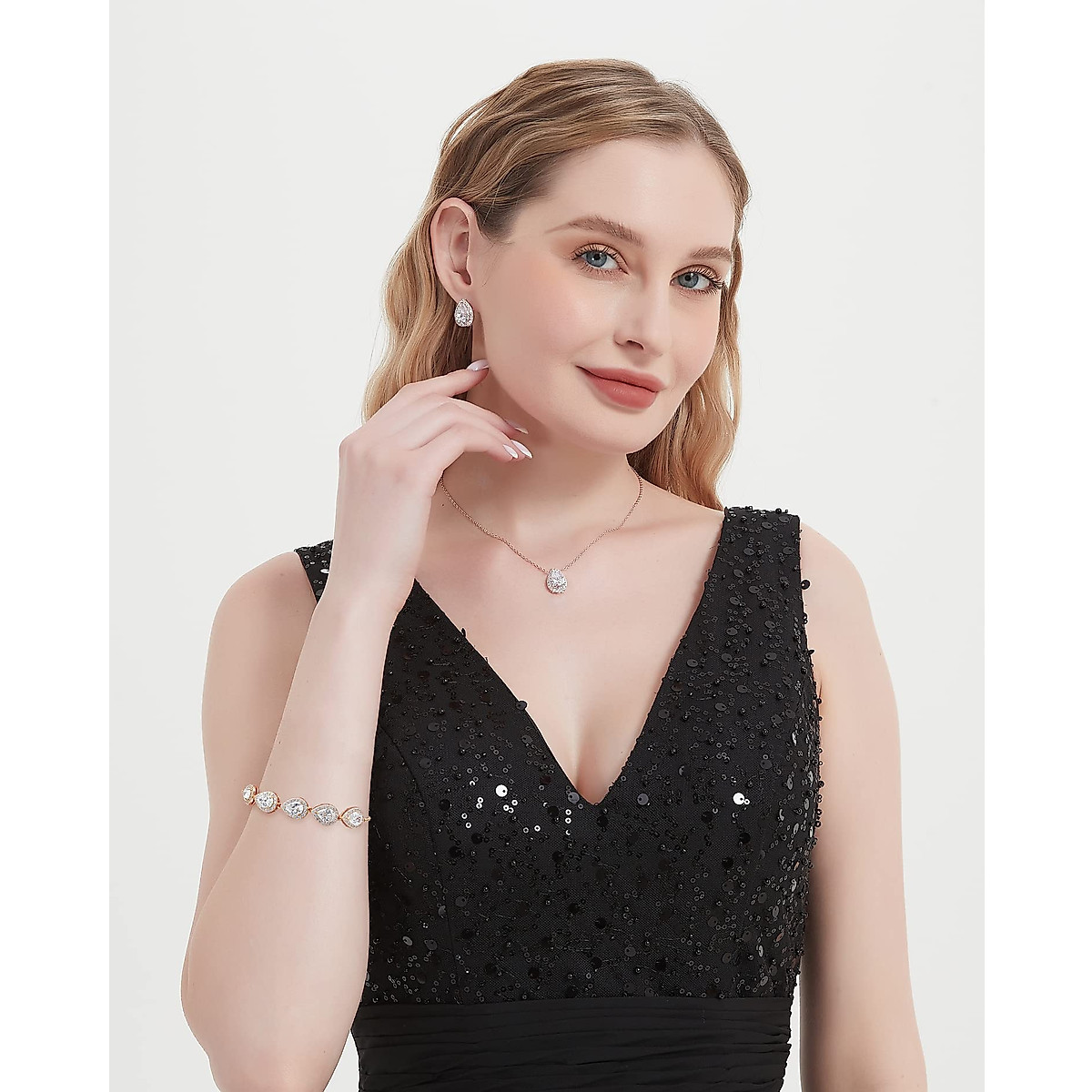 UDYLGOON Zirconia Teardrop Necklace Earrings Bracelet Jewelry Set for Bride Bridesmaid Wedding Party Prom (Rose Gold)