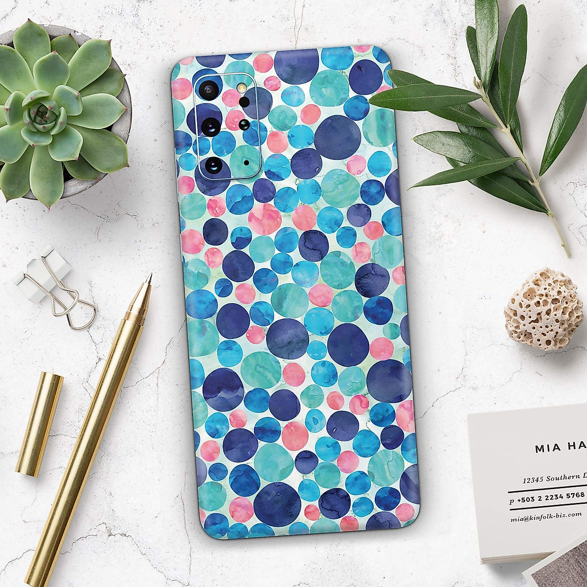 DesignSkinz Mixed Aqua Blue and Pink Watercolor Dots Protective Vinyl Decal Wrap Skin Cover Compatible with The Samsung Galaxy S20 (Screen Trim & Back Glass Skin)