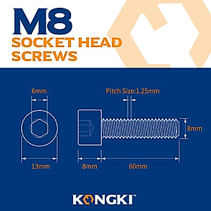 M8-1.25 x 60mm Socket Head Cap Screws Metric, Allen Socket Drive, 304 Stainless Steel (A2-70), Full Thread, Bright Finish, Machine Thread, Quantity 10