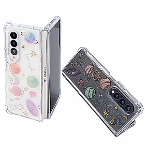 Abbery for Samsung Galaxy Z Fold 4 5G Case Clear with Design, Cute for Women Glitter Stars Moon Sparkle TPU & PC Transparent Space Theme Aesthetic Case for Samsung Galaxy Z Fold 4 (Space)