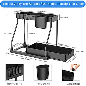 Santoy 2 Pack Under Sink Organizers and Storage, L-Shaped Pull-Out Sink Bathroom Kitchen Organizer with Hooks and Hanging Cup, 2 Tier Under Sink Cabinet Baskets Shelf with Sliding Drawers，Black