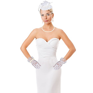 5PCS Fascinators Hat Veil Mesh Headband Set Tea Party Fascinators Set Lace Gloves, Pearl Necklace, Bracelet, Earrings (White)