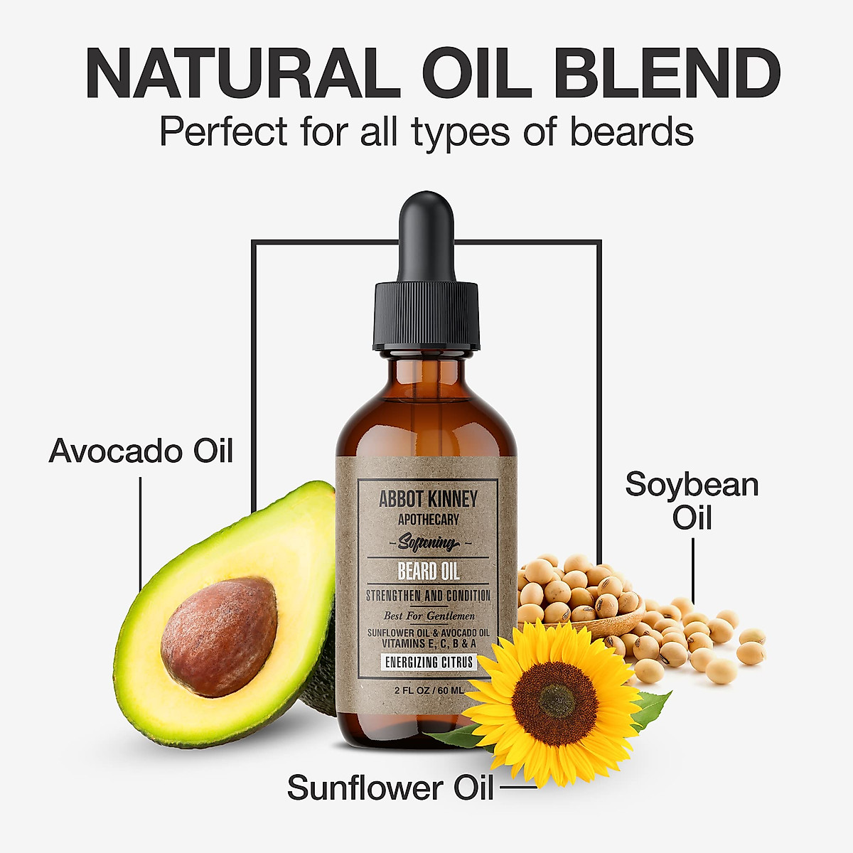 ABBOT KINNEY APOTHECARY Beard Oil for Men - Natural Ingredients, Energizing Citrus Scent, Promotes Healthy Growth, Ideal for Dry Flaky Skin - Beard Conditioner - 2 Fl Oz
