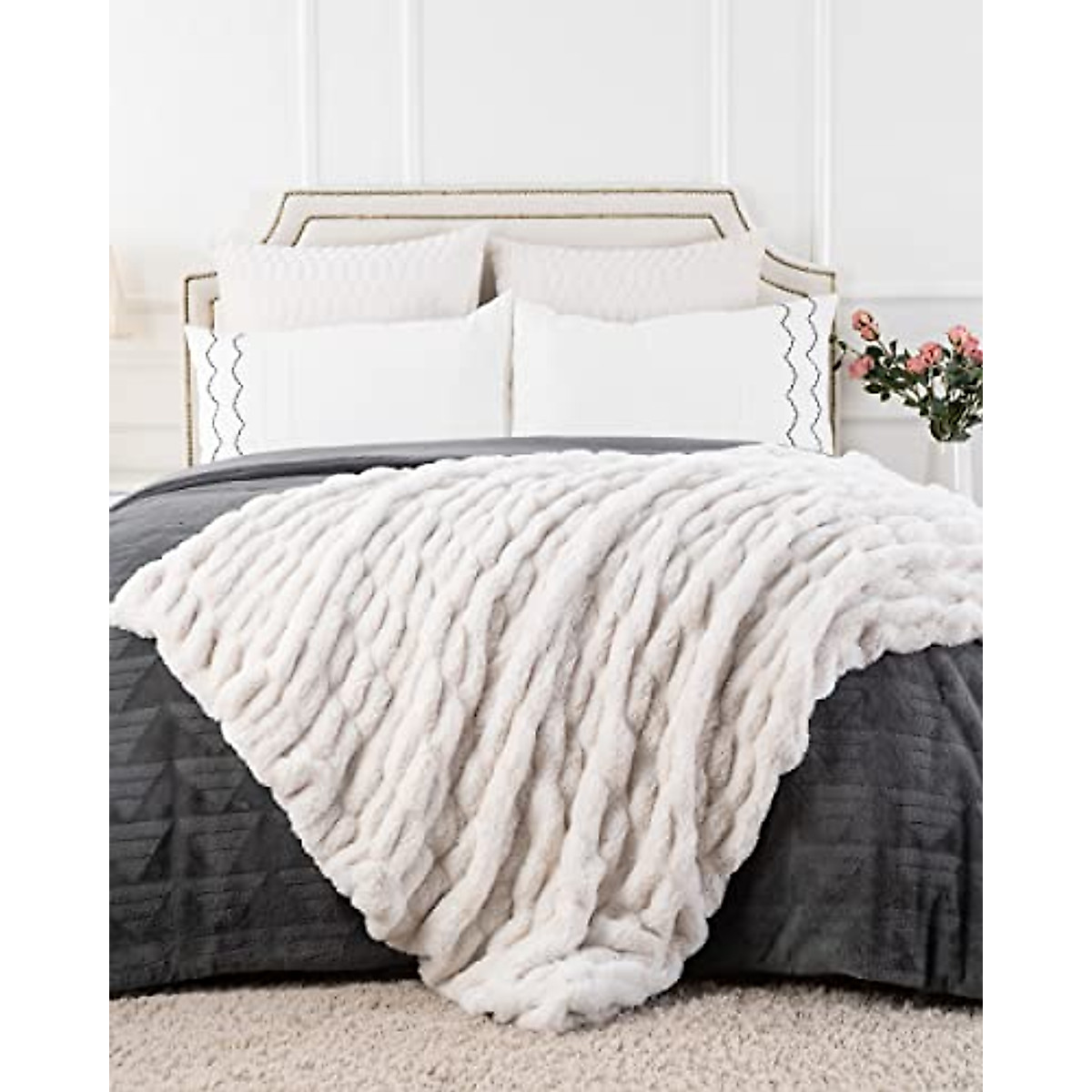Luxury Concepts Lightweight Faux Rabbit Fur Throw Blanket, Ruched Elegant Wrinkle Resistant, Anti-Static and Washable for Couch Sofa Bed, 50" x 60" in (Off White)
