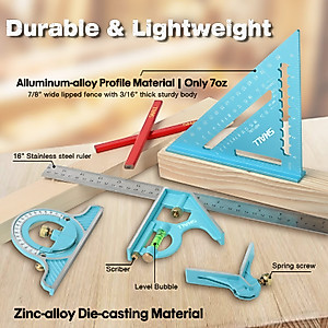 SHALL Rafter Square & Combination Square Tool Set, 7 Inch Aluminium-Alloy Carpenter Square & 16 Inch Zinc-Alloy Woodworking Framing Square Combo w/Stainless Steel Ruler, 2 Carpentry Pencils, Scriber
