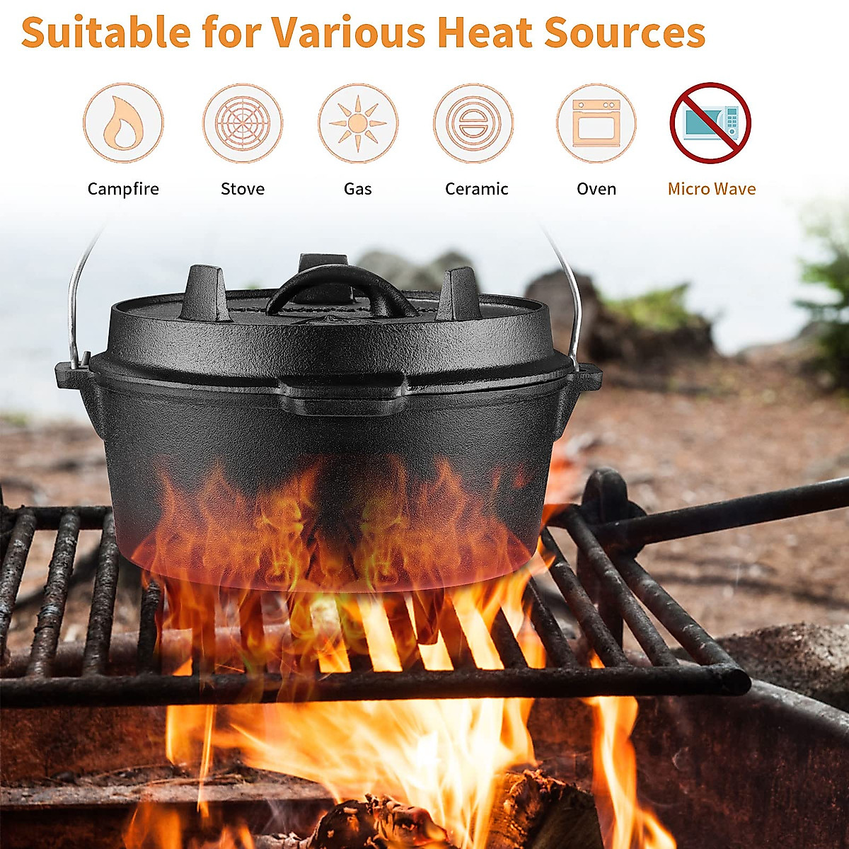 SHYIS Camping Dutch Oven,9 Qt Pre-Seasoned Camping Cookware Pot With Lid - Lid Lifter,Cast Iron Deep Pot with Metal Handle for Camping Cooking BBQ Baking Campfire Modern Black