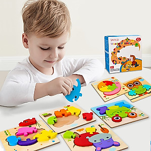 SKYFIELD Wooden Animal Puzzles for 1 2 3 Years Old Boys Girls, Toddler Educational Developmental Toys Gift with 6 Animals Baby Montessori Color Shapes Learning Puzzles