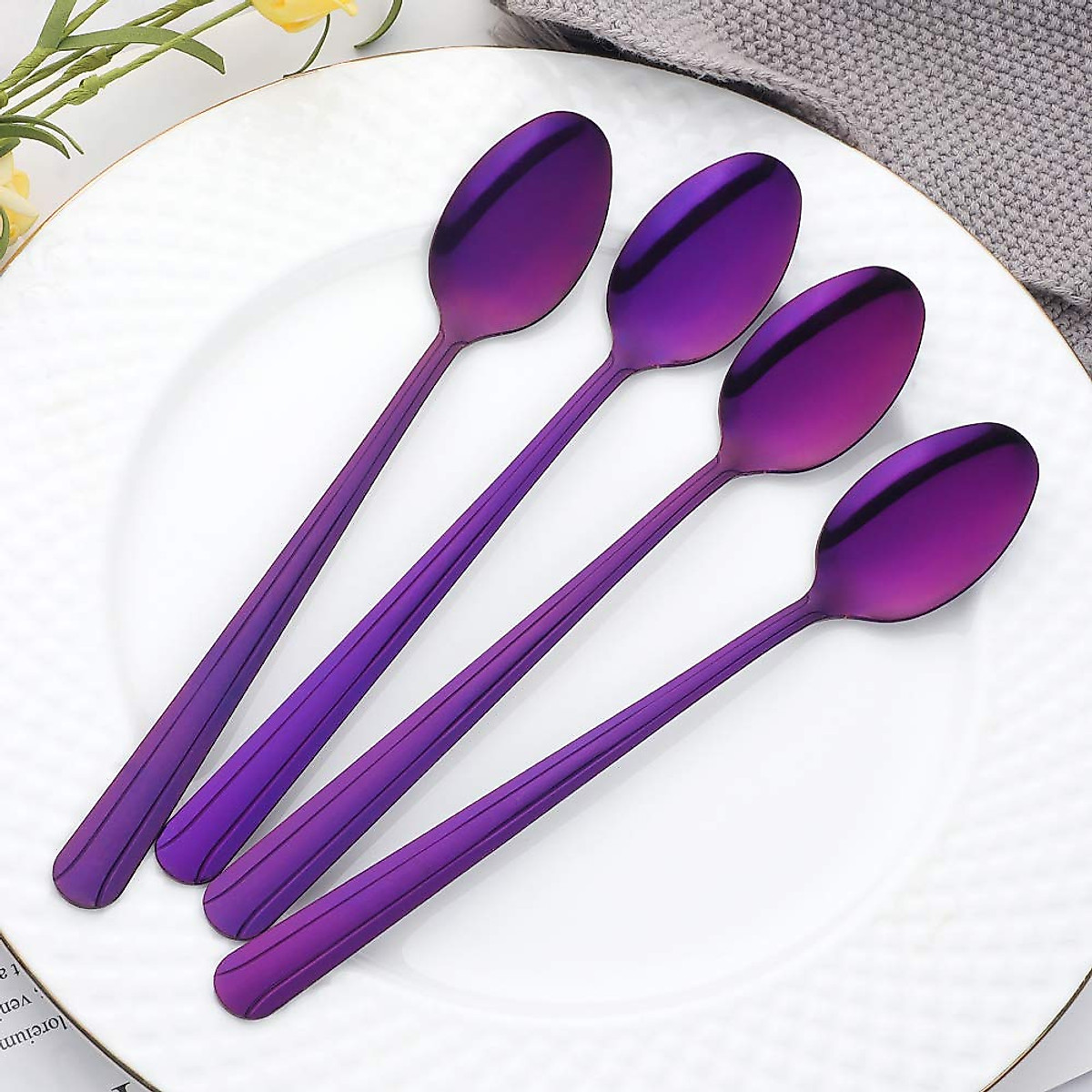 TUPMFG Iced Tea Spoon Set of 12, 8 Inch Stainless Steel Long Handle Milkshake Spoon, Ice Cream Scoop, Cocktail Stirring Spoons, Mixing Spoons for Mixing Tea, Coffee, Cold Drink- Purple