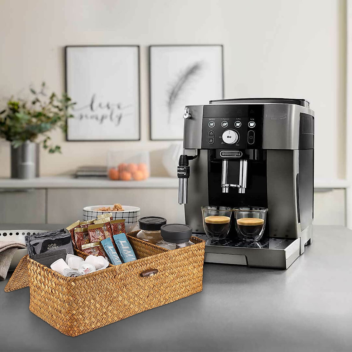 Hipiwe Seagrass Storage Basket Bin with Lid Rectangular Woven Shelf Baskets with 3-Section Toilet Paper Basket Holder for Closets Pantry Bathroom Kitchen Shelf Organizing, Caramel