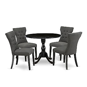 East West Furniture DMGA5-ABK-50 5 Piece Dining Room Table Set Includes a Round Dining Table with Dropleaf and 4 Dark Gotham Linen Fabric Upholstered Parson Chairs, 42x42 Inch, Wirebrushed Black