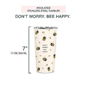 Studio Oh! Insulated Stainless-Steel Tumbler Don't Worry. Bee Happy.- 17-Ounce - Double-Walled with Vacuum Seal Keeps Liquids Cold for Hours - Fits Standard Size Cup Holders