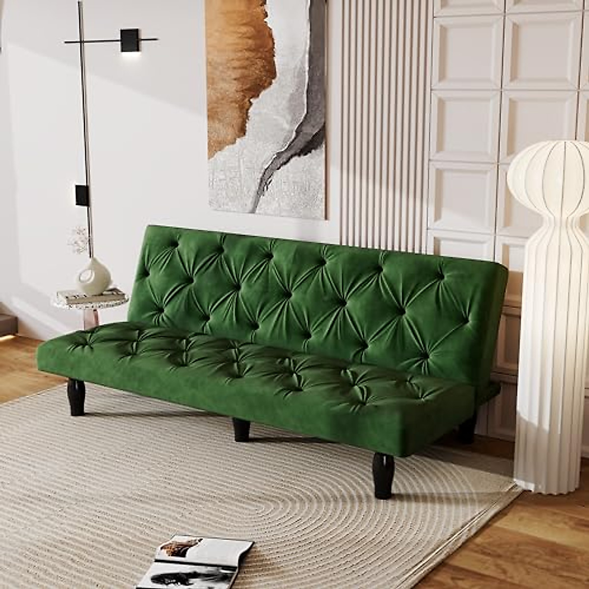 Livavege Convertible Futon Sofa Bed, 66" Velvet Upholstered Sleeper Couch Daybed with Adjustable Backrest for Studio, Apartment, Office, Small Space, Compact Living Room, 66 INCH, Green