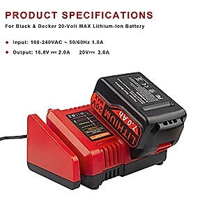 Super Fast 20V Charger for Black+Decker Tools 20V MAX Lithium Battery Charger, (BDCAC202B), LBXR20, LBXR2020, LBXR2020-OPE, LBX4020, LB2X4020, LB2X4020-OPE, LB20, LBX20, LBXR2520