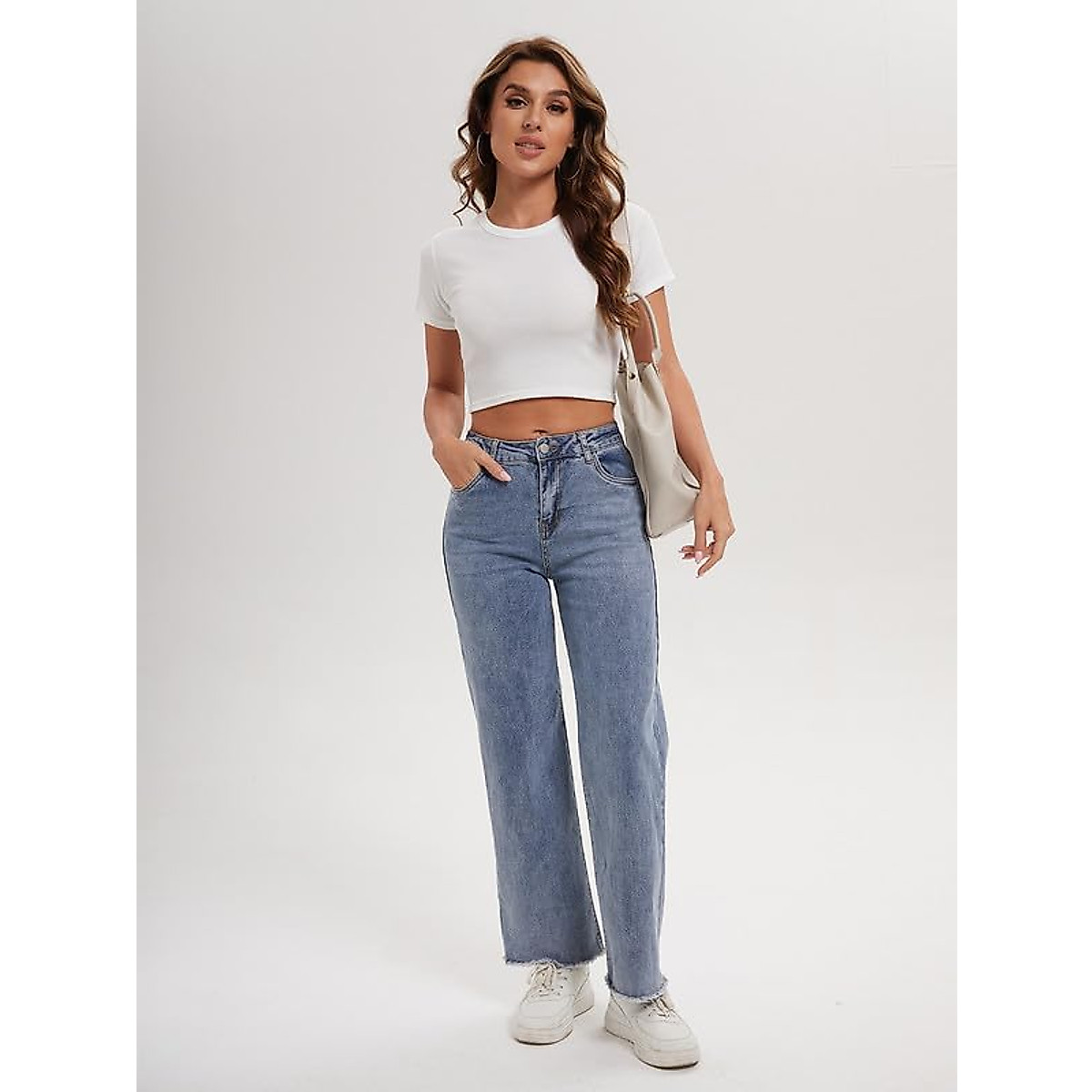 PEIHOT 90S Wide Leg Pants for Women Stretchy Mid Waisted Raw Hem Straight Leg Jeans Denim Pants 2023 Trendy Light Blue