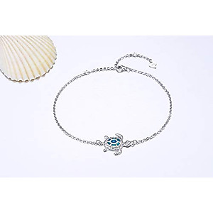 PUPILLEMON Blue Opal Sea Turtle Ankle Sterling Silver Anklet Fine Jewelry for Women Gifts 4 Level Adjustable Anklet (Large Bracelet)