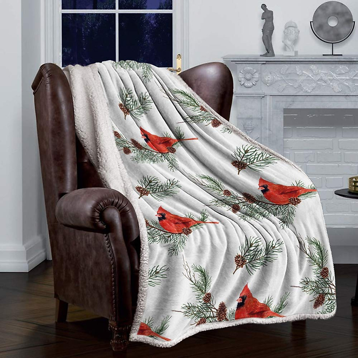 Yunnist-Store Cozy Sherpa Fleece Throw Blanket Cardinal Birds with Pine Cones Leaves Super Soft Plush Microfiber Throws, Christmas Warm Fuzzy Blankets for Bed Sofa Couch Decor