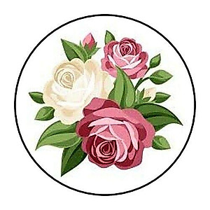 without brand Set of 48 Envelope Seals Labels Pink White Roses Flowers 1.2" Round Sticker