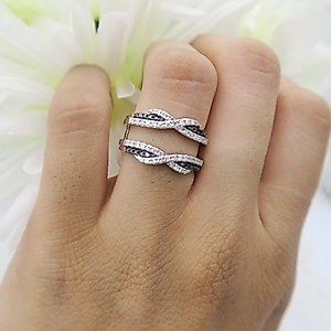 Dazzlingjewelrycollection Round Cut Black & White Diamond 14K White Gold Plated Ladies Swirl Anniversary Wedding Band Enhancer Guard Double Ring For Women's (7.5)