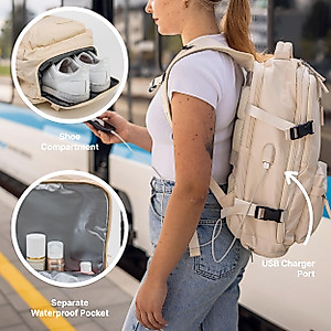(Not Made In China) Travel Backpack For Men and Women, Airline Approved Carry On Bag w/Shoe Compartment, Holds 15.6" Laptop Computer, USB Charging Port (Amerigo, Beige,1 Pack)