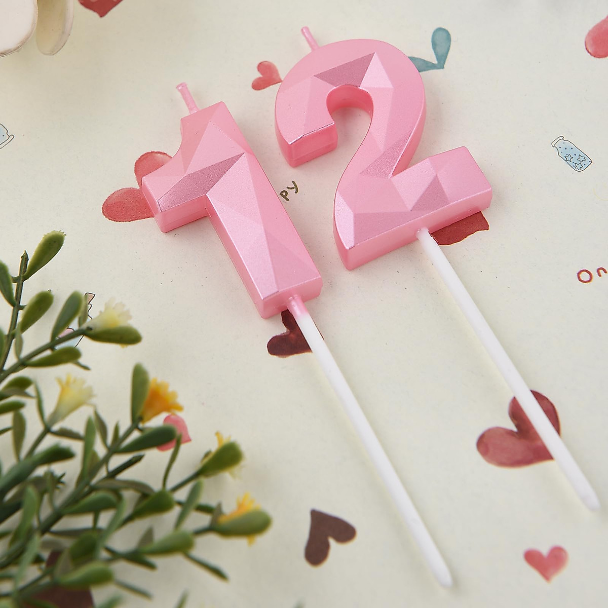 2 inch Pink 12 & 21 Birthday Candles, 3D Diamond Number 12th & 21st Cake Topper for Boys Girls Birthday Party Decorations Theme Party