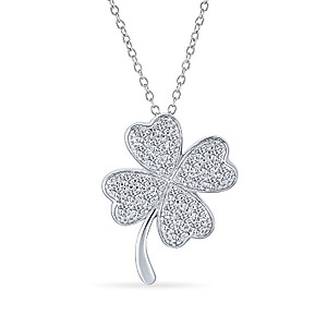 Irish Shamrock Lucky Charm Pave CZ Four Leaf Clover Pendant Necklace For Women For Teen .925 Sterling Silver