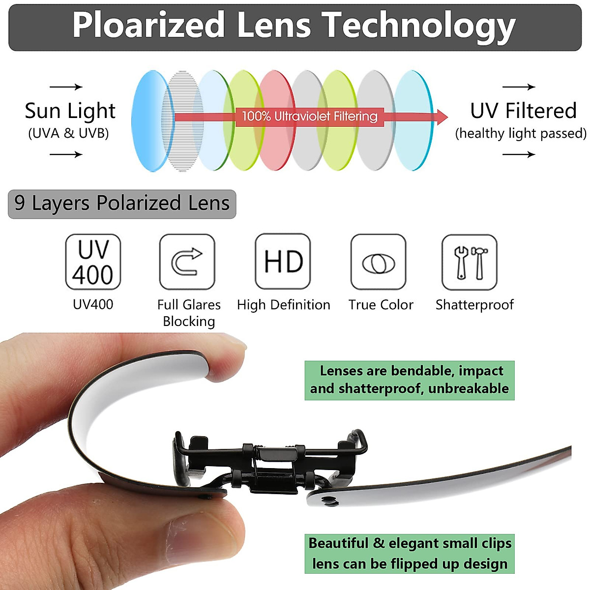 CAXMAN Clip On Sunglasses Over Prescription Frames for Men & Women w/Super Dark Category 4 Lens Polarized & Flip Up Extra Large