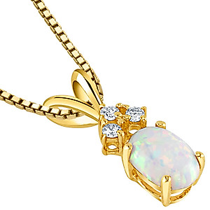 PEORA 14K Yellow Gold Created White Opal with Genuine Diamonds Pendant, Dainty Hypoallergenic Solitaire, Oval Shape, 7x5mm