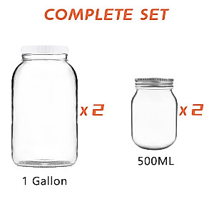 Artcome 4 Pack Glass Jar Set - 2pc 1 Gallon Glass Jar Wide Mouth with 2pc Airtight Plastic Lids, 2pc 16oz Glass Jar with 2pc Silver Metal Lids for Fermenting, Kimchi, Kefir, Kombucha, Storing, Canning