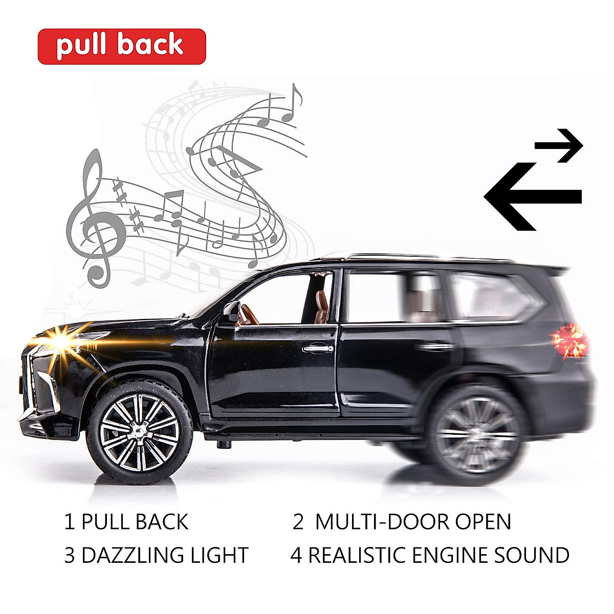 BDTCTK 1/24 Lexus 570 Off-Road in Luxury SUV Model Car, Zinc Alloy Pull Back Big Toy car with Sound and Light for Kids Boy Girl Gift (Black)