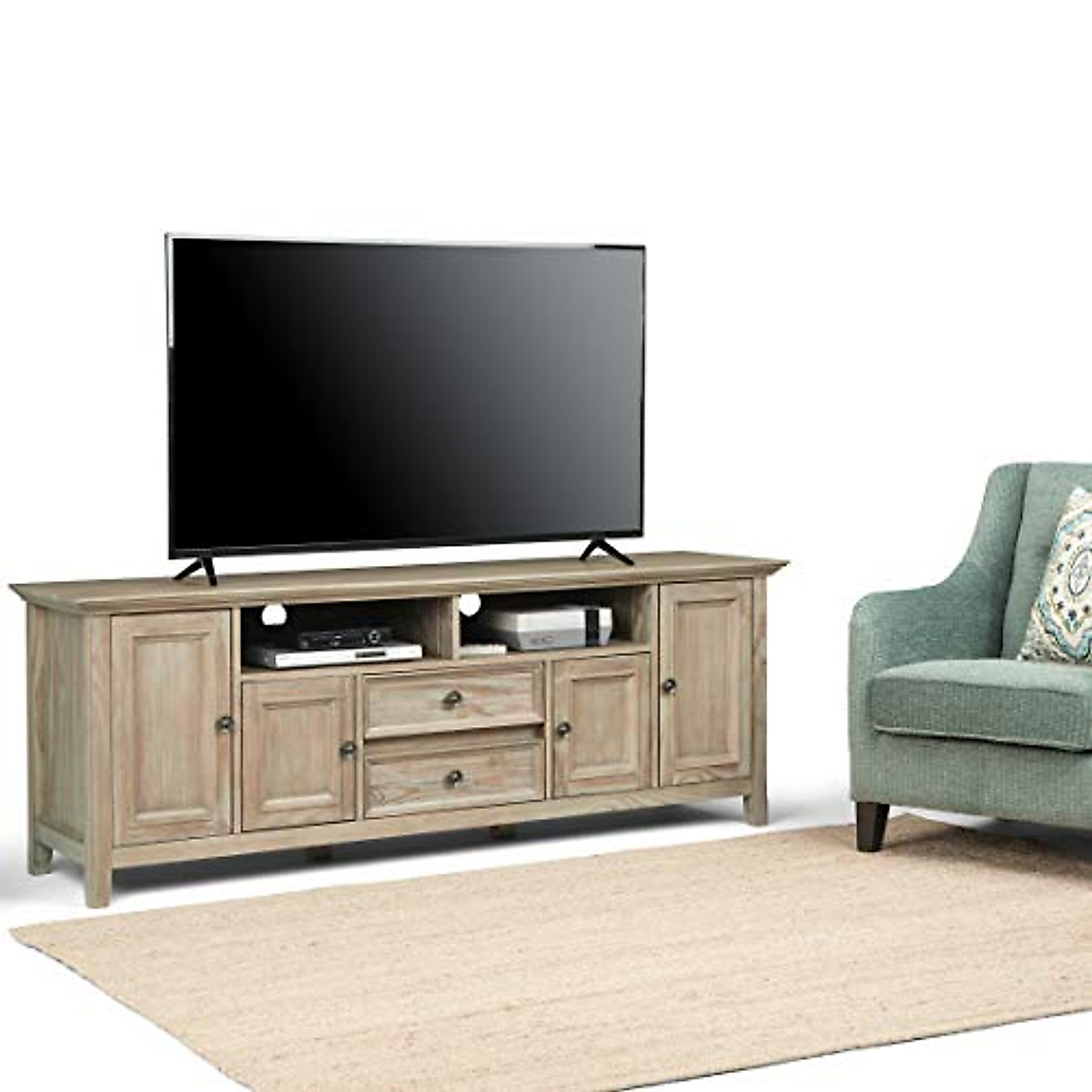 SIMPLIHOME Amherst SOLID WOOD 72 Inch Wide Transitional TV Media Stand in Distressed Grey for TVs up to 80 Inch, For the Living Room and Entertainment Center