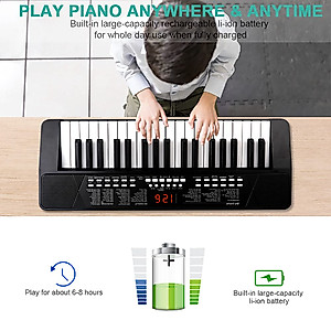 TWFRIC Beginners Piano Keyboard 37 Keys Portable Electronic Keyboard Piano Built-in Rechargeable Battery Kids Piano with Headphone Jack Learning Musical Instruments Gifts for 3 4 5 6 7 Boys Girls