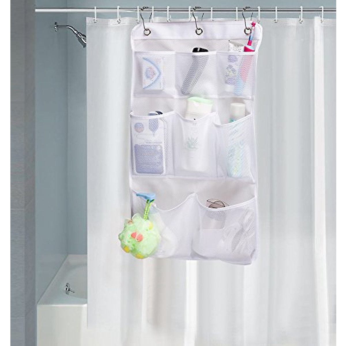 KIMBORA Mesh Shower Organizer Hanging Bathroom Caddy 8 Pockets Hang Curtain Rod with 3 Rings