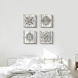 Kas Home Mandala Pattern Room Decor Boho Canvas Wall Art Prints Framed Pictures 4 Pieces Artwork for Living Room Bedroom Bathroom Kitchen Office Home Decoration (14 x 14 x 4, Black)