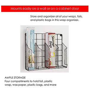 Home Basics Stainless Steel Rust Resistant Wrap Organizer, Perfect for Food Storage Bags, Silver Foil, Wax Paper, Sandwich Bags, Plastic Wrap- Mounts to Cabinet Door or Wall. Onyx/Black Finish