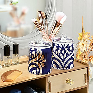 WELLDAY Apothecary Jars Bathroom Storage Organizer with Lid - 14 oz Qtip Holder Storage Canister, Baroque Damask Navy Blue Clear Plastic Jar for Cotton Swab, Cotton Ball, Floss Picks, Makeup Sponges,H