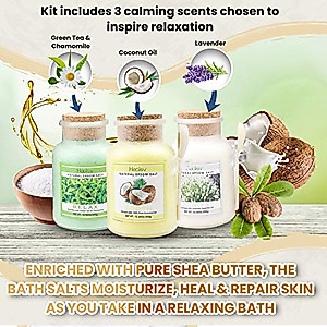 Bath Salt Gift Set, Natural Epsom Salts Scented with Essential Oils - Spa Kit with 3 Individual Pouches, Wooden Scoop, Gift Box – Detox Skin, Hydrate, Heal & Relax with Aromatherapy