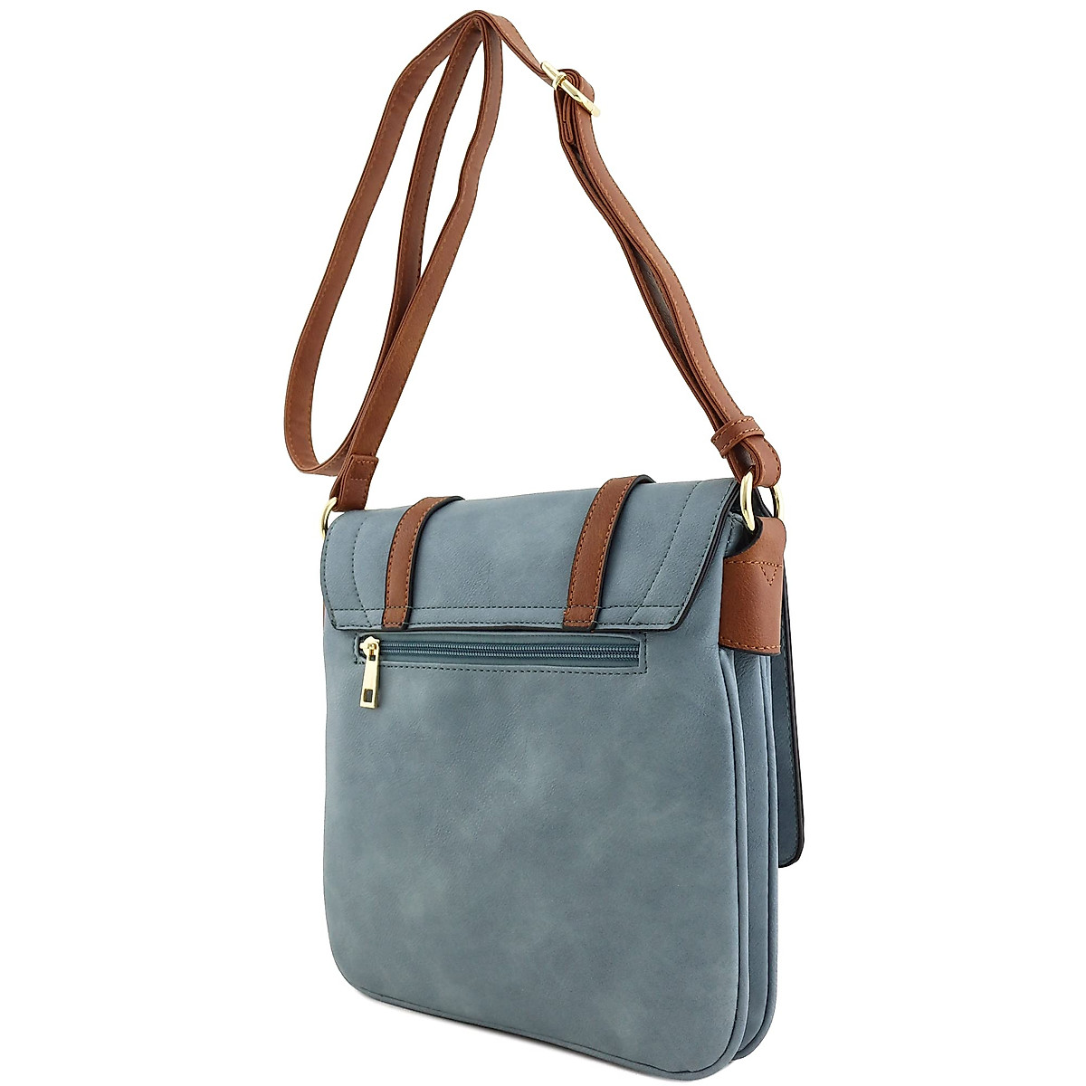 ALYSSA Double Compartment Large Flapover Crossbody Bag with Colorblock Straps (Blue Grey/Brown)