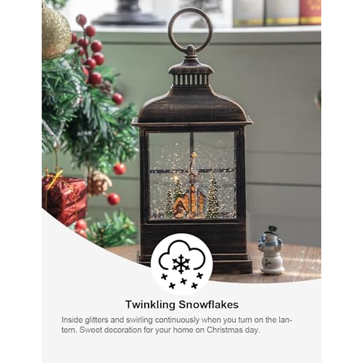 10.5" Christmas Snow Globe Lantern, Music Box, Rotating Snowflake Glitter Water Light with Timer, USB and Battery Powered Decoration (Church Christmas Tree)