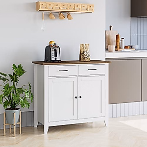 HORSTORS Kitchen Storage Cabinet with Drawers and Doors, Floor Sideboard and Buffet Server Cabinet, Entryway Console Cabinet for Living Room, Dining Room, Bathroom, Ivory White