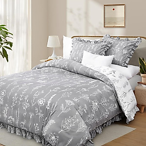 ASPMIZ Floral Duvet Cover Set Queen Size - 3 Pieces Grey Ruffle Comforter Covers, Botanical Flower Bedding Cover Set, Soft Leaves Cover Set with Double Sided Pattern (1 Duvet Cover, 2 Pillow Shams)