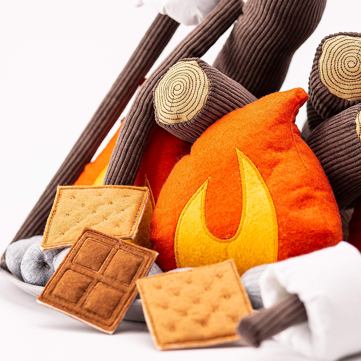 HUNIIHOME Pretend Campfire for Kids - Sensory Play Camping Toy Set with Plush Felt Fake Fire, Logs and Stones with Fake Food Marshmallow and S'Mores - 17 Piece Set