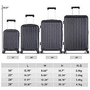 Fridtrip 4 Piece Luggage Sets Hard Shell Lightweight ABS Luggage Suitcase with Durable Spinner Wheels 16" 20" 24" 28" (Black)