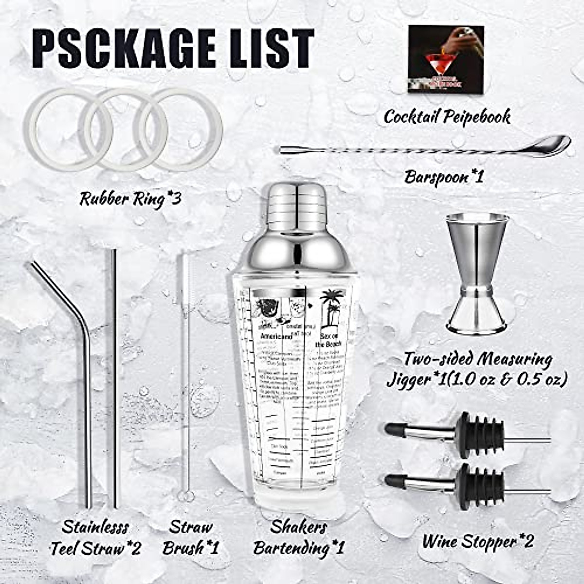 Glass Coaktail Shaker,TNCO 14OZ Bar Set,Martini Shaker, Boston Shaker, Crystal Drink Shaker and Stainless Cover combin,Drink Mixers with Straws,Straw Spoon,Wine Pourer