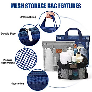 3 Pcs Portable Mesh Shower Caddy Tote, Quick Dry Tote Bag Mesh Beach Bags for Women, Hanging Toiletry and Bath Organizer for Travel Swimming Sports Gym Camp Shopping College Dorms (Black Gray D Blue)