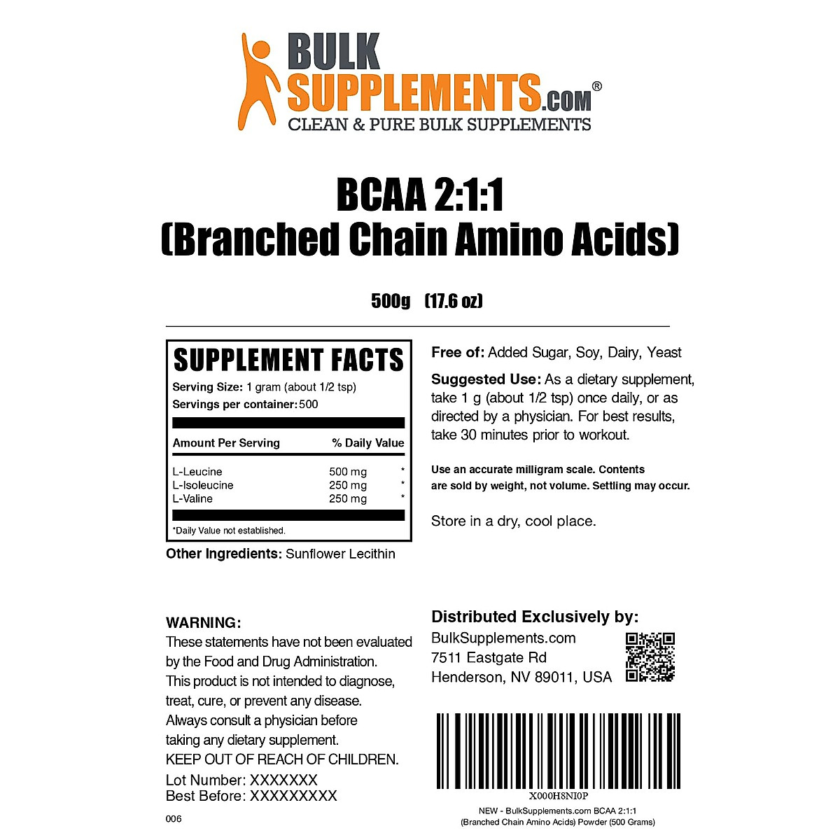 BulkSupplements.com BCAA 2:1:1 Powder - Branched Chain Amino Acids, BCAA Supplement, BCAAs Amino Acids Powder - Unflavored & Gluten Free, 1000mg per Serving, 500g (1.1 lbs) (Pack of 1)