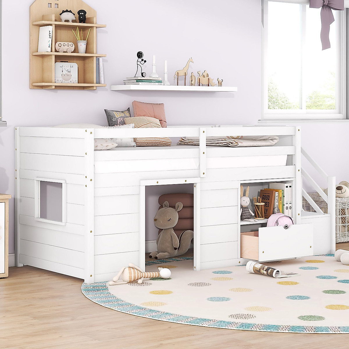 Harper & Bright Designs Twin Size Low Loft Bed with Storage,Wood Kids Loft Bed with Stairs,Loft Bed Twin with Shelf and Drawer Underneath,Space-Saving Twin Bed for Girls Boys,White