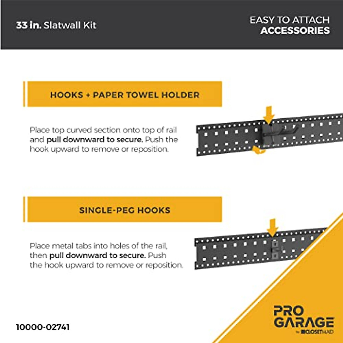 ClosetMaid ProGarage Slatwall Hang Track Kit, 33 in. W with Peg Board Hooks, Hangers, Paper Towel Holder, Garage Organizer System, Black